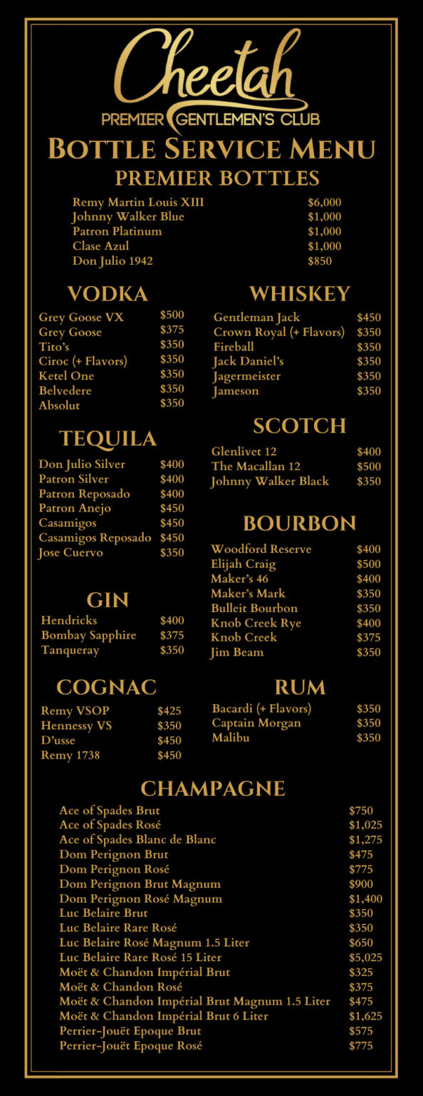 Menu - Cheetah Premier Gentlemen's Club of Raleigh
