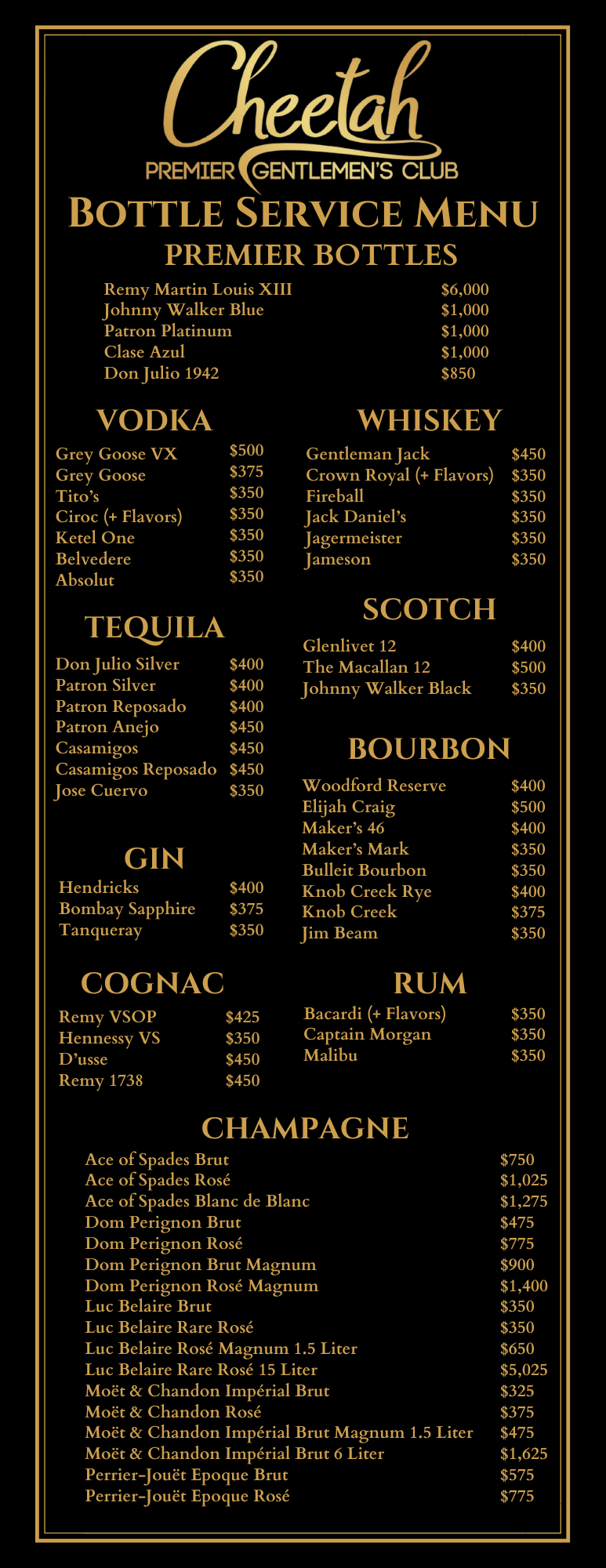 Menu - Cheetah Premier Gentlemen's Club of Raleigh