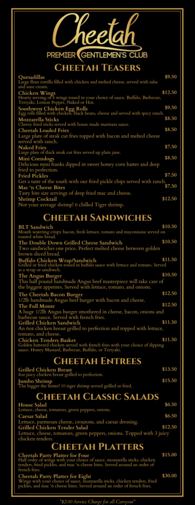Menu - Cheetah Premier Gentlemen's Club of Raleigh