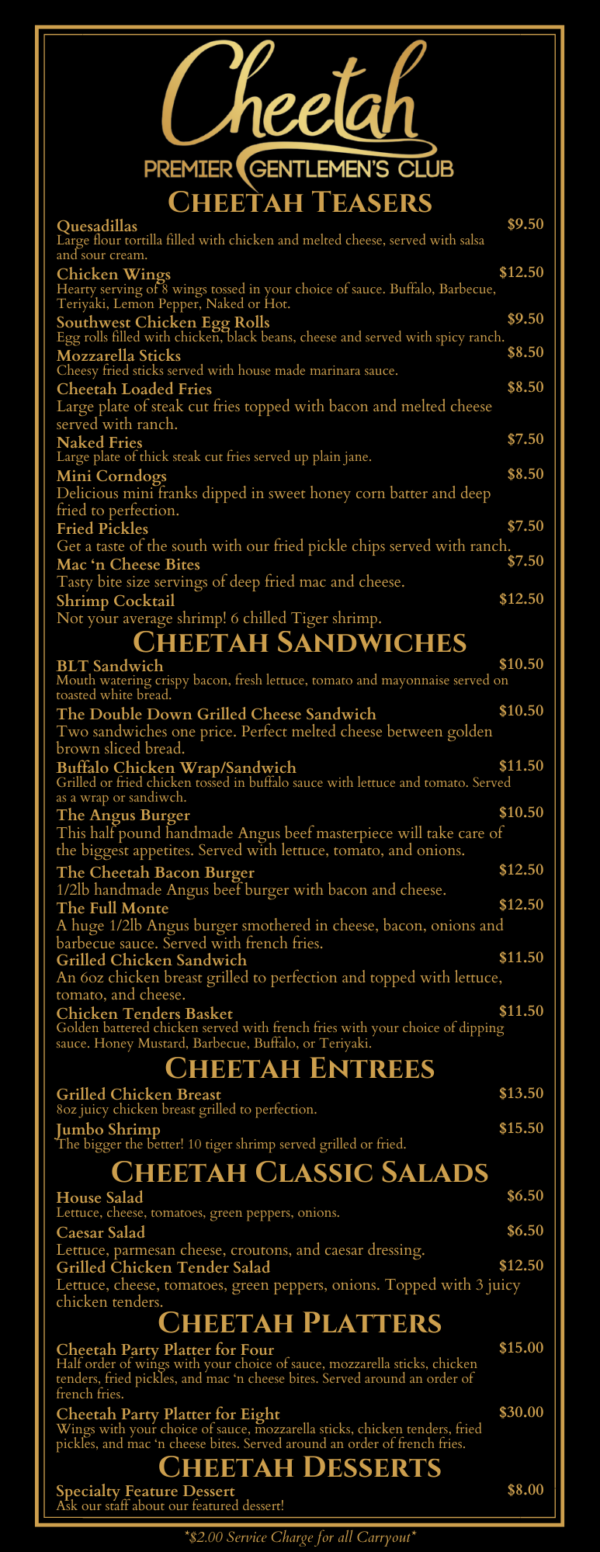 Menu - Cheetah Premier Gentlemen's Club of Raleigh